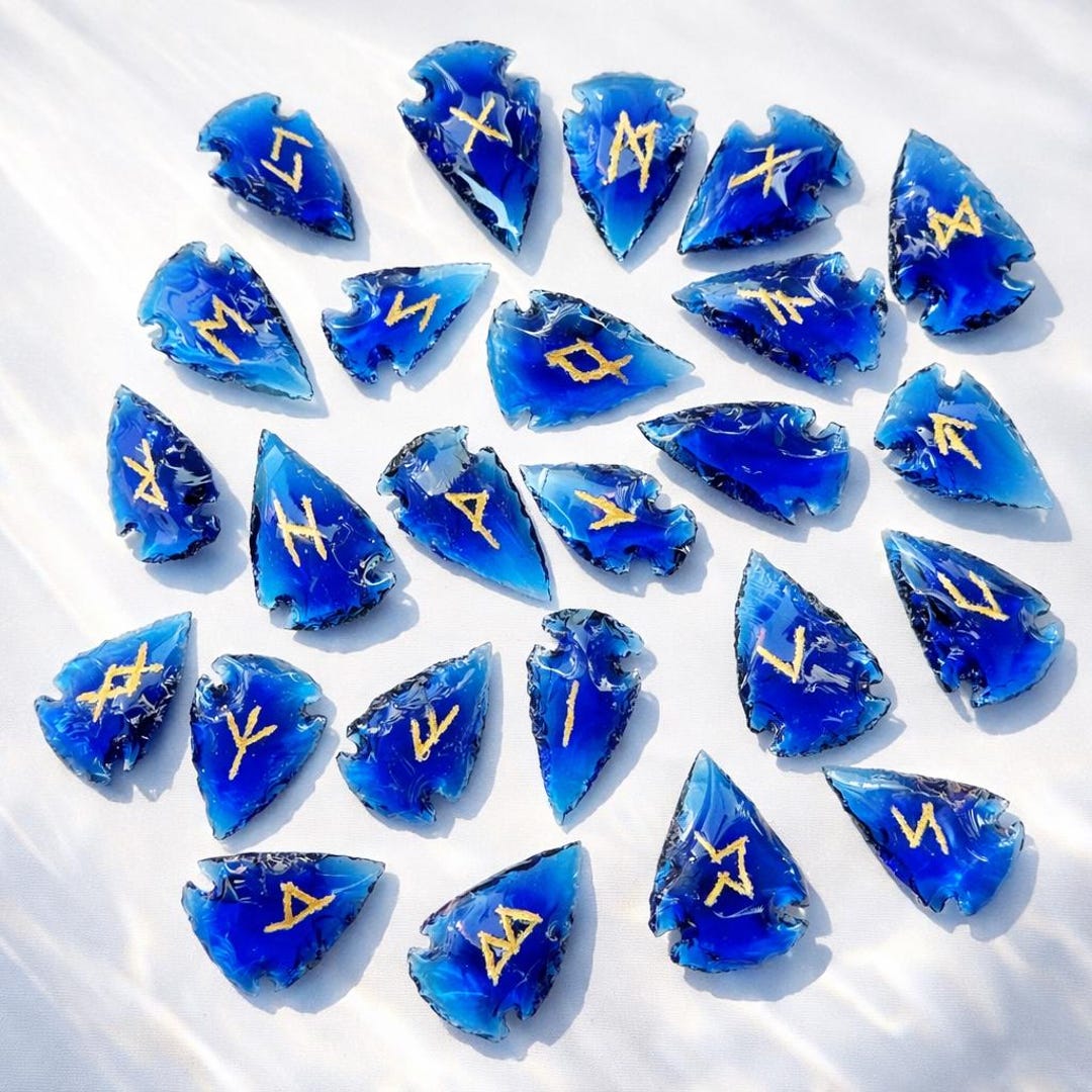 Blue Obsidian Glass Crystal Rune Stones Set | Arrowhead Shape Elder ...