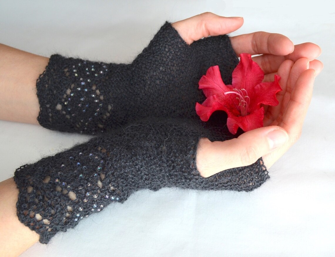 Knitting Pattern: "mitts With Beads" - Beaded Lace Fingerless Mittens ...