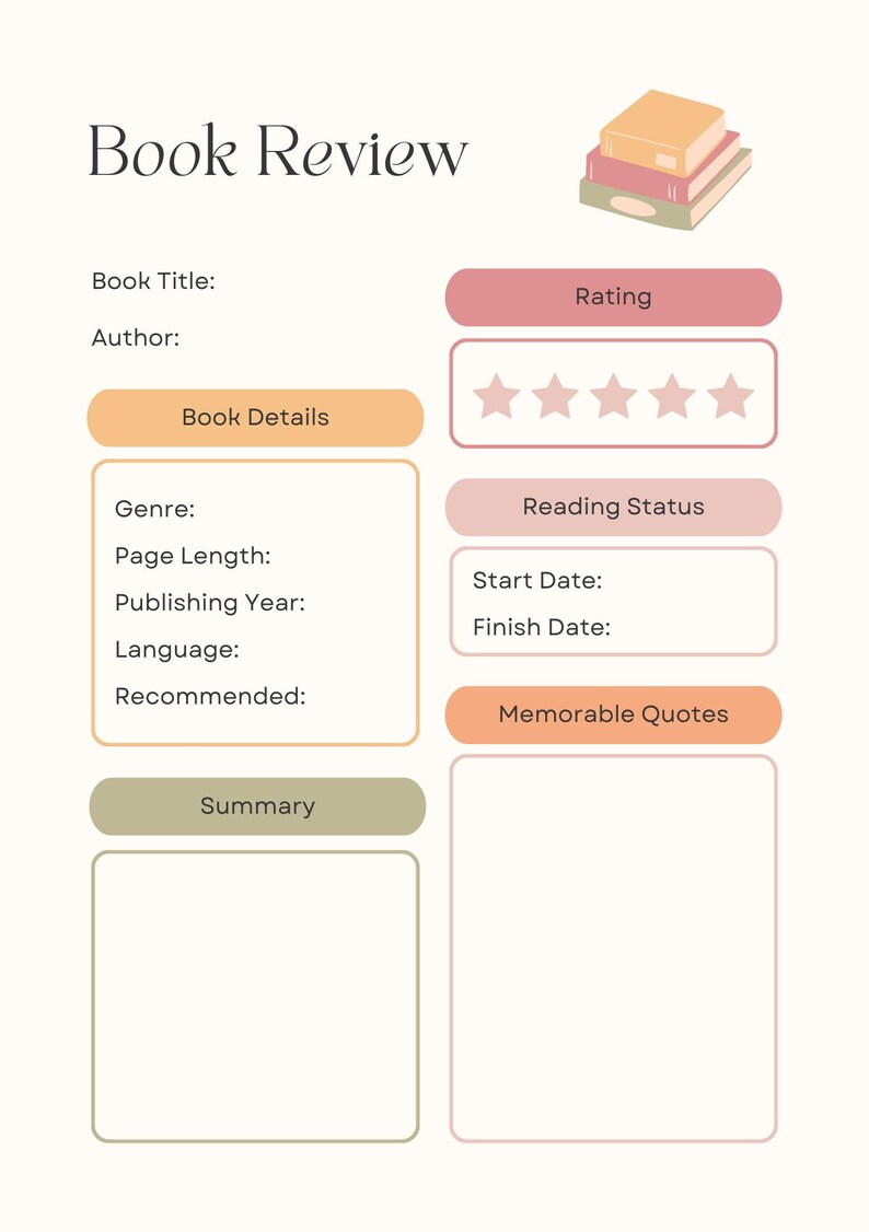 Printable Book Review Template: Reading Journal, Book Tracker (PDF ...