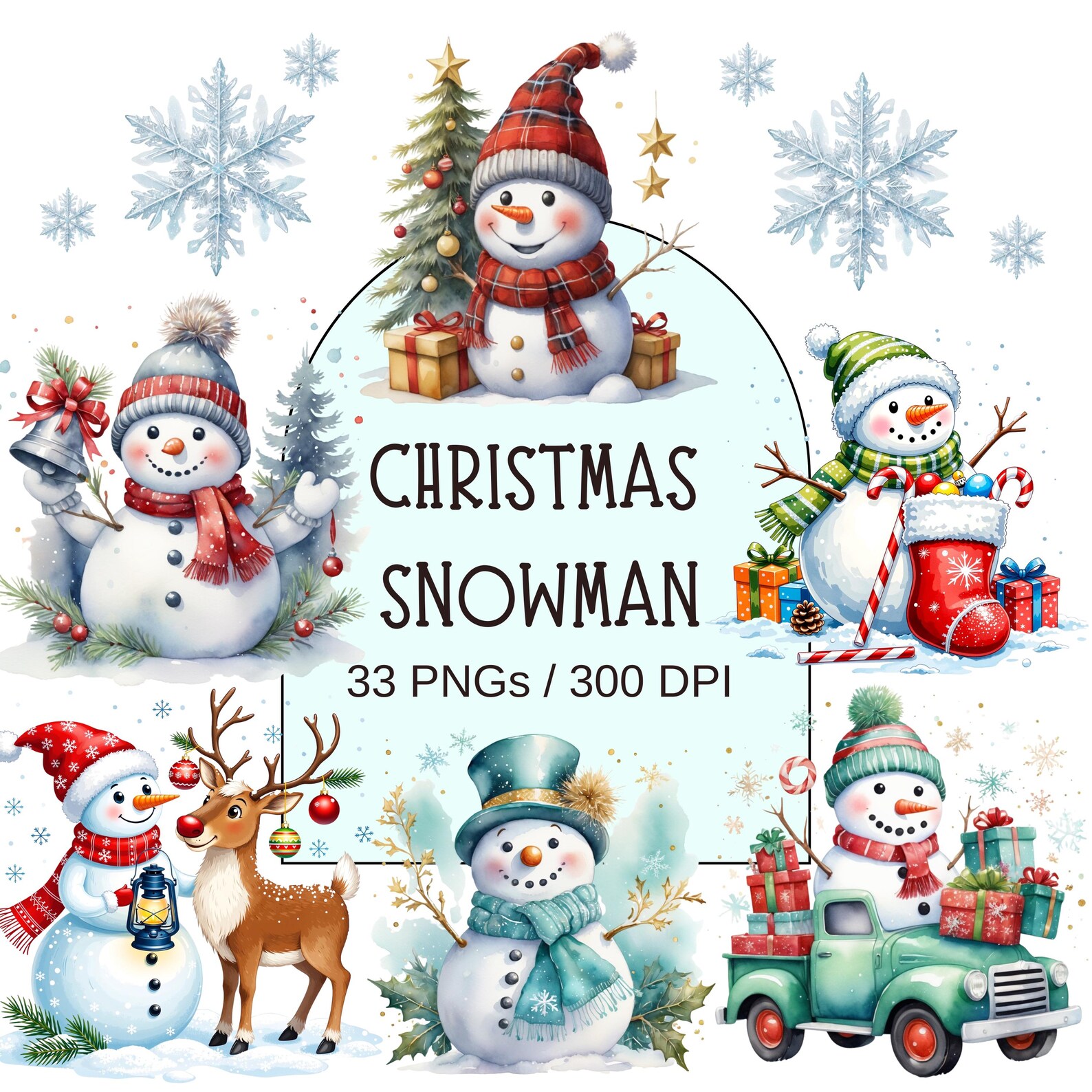 Watercolor Christmas Snowman Clipart Bundle | 33 PNG Graphics - Etsy