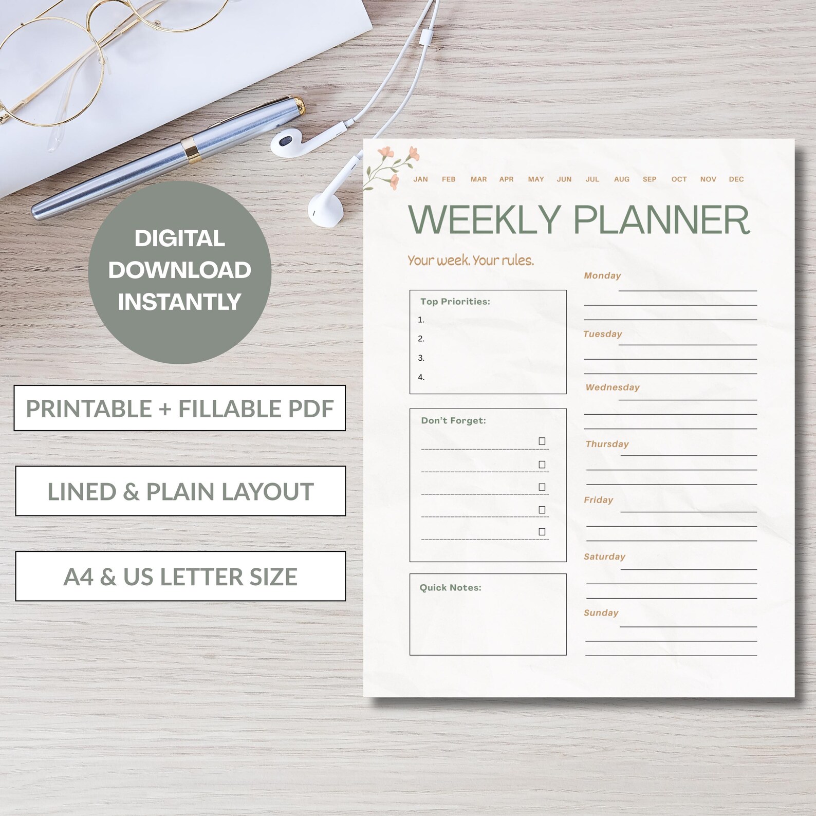 Printable Weekly Planner: Minimalist To-do List, A4/US Letter (fillable ...