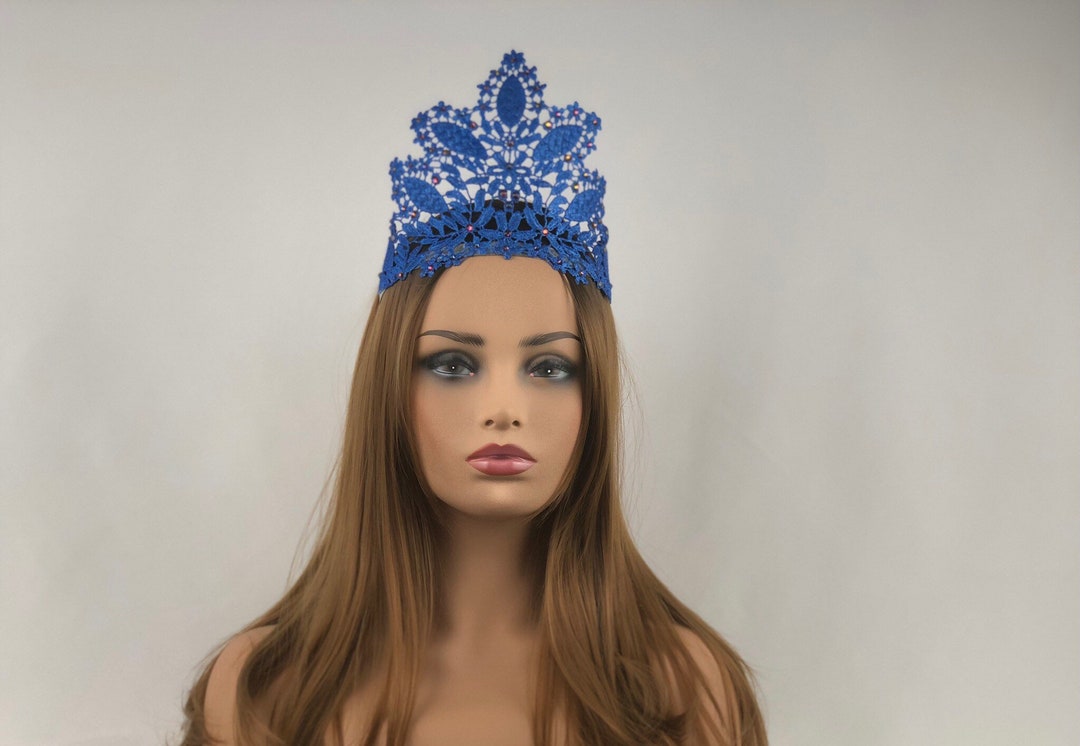 Metallic Royal Blue Lace Crown With Fire Gems, Halloween, Headpiece ...