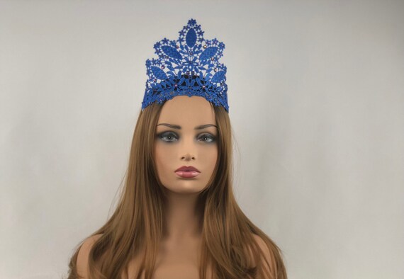 Metallic Royal Blue Lace Crown With Fire Gems Halloween | Etsy