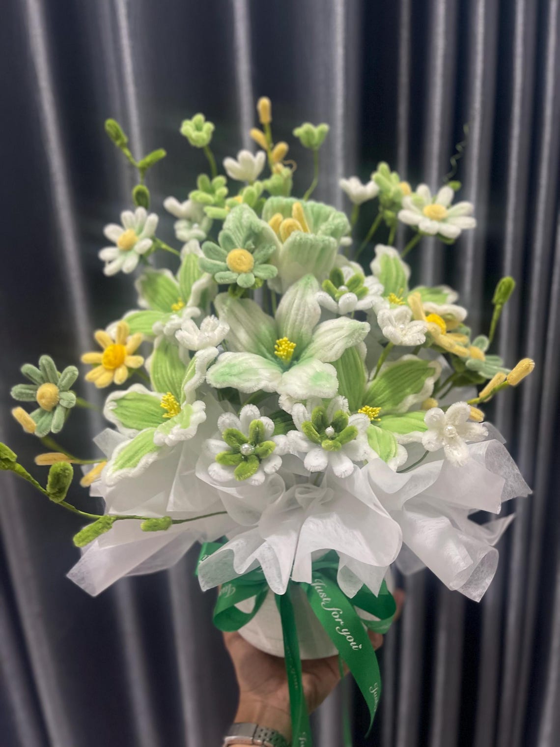 Handmade Velvet Wire Daisy Bouquet - Green, White & Yellow Floral ...