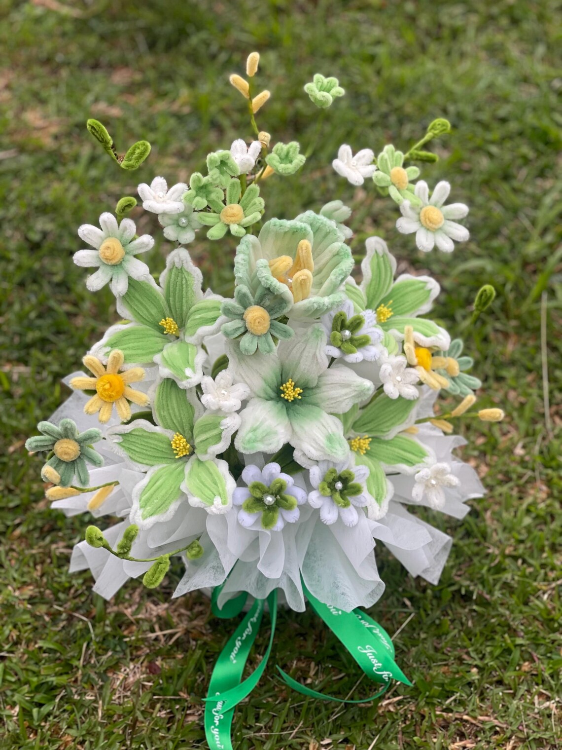 Handmade Velvet Wire Daisy Bouquet - Green, White & Yellow Floral ...