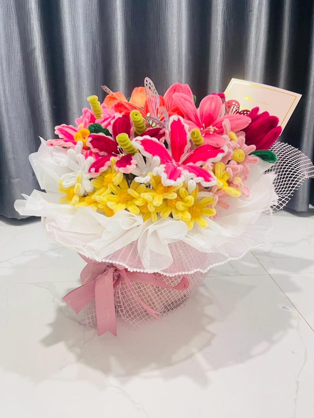 Handmade Velvet Wire Flower Bouquet Colorful Lily & Daisy Arrangement ...