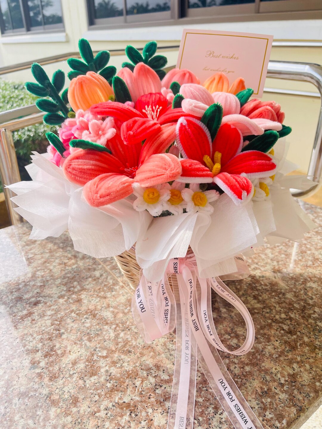 Handmade Velvet Wire Flower Bouquet Colorful Lily & Daisy Arrangement ...