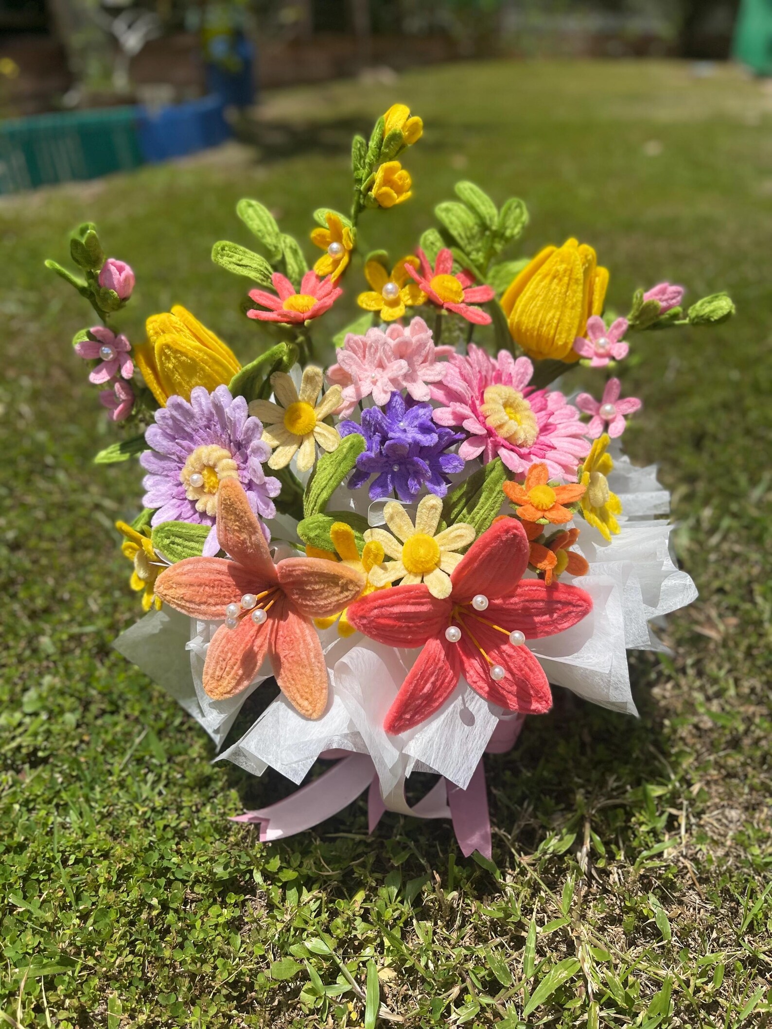 Handmade Colorful Velvet Chenille Wire Flower Arrangement – 5-inch Pot ...