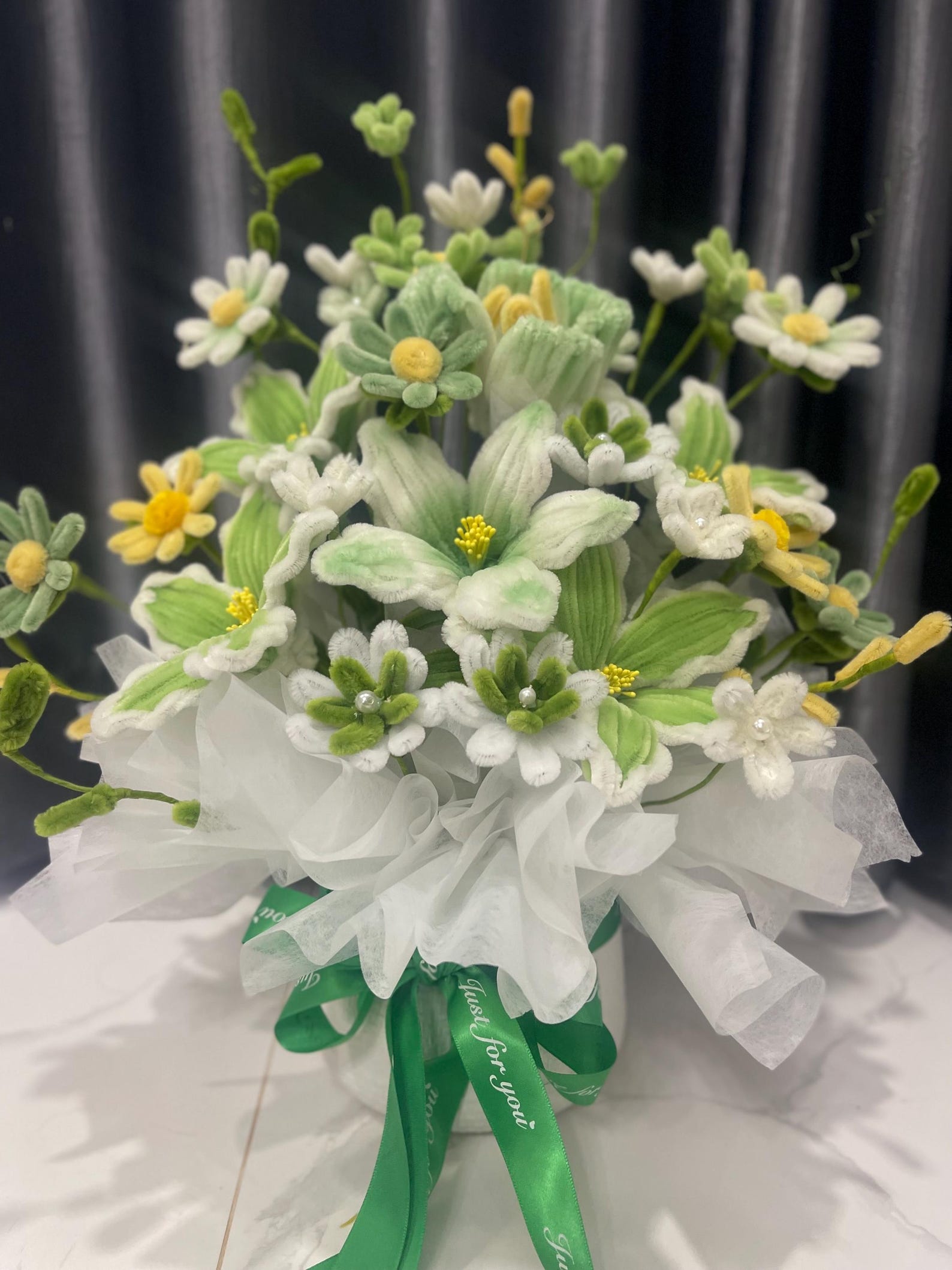 Handmade Velvet Wire Daisy Bouquet - Green, White & Yellow Floral ...