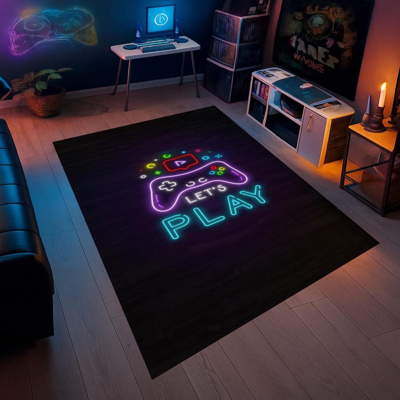Neon Game Controller Rug: Gamer Room Decor - Etsy