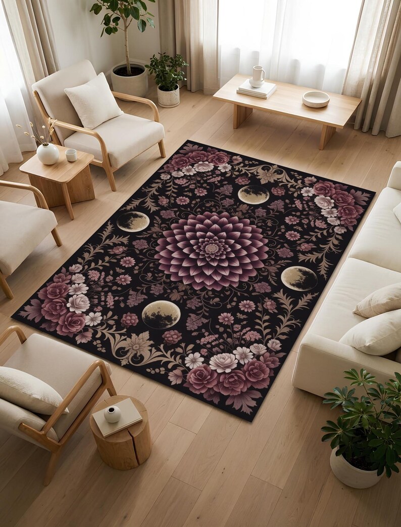 Gothic Floral Moon Phase Rug, Witch Style Boho Celestial Dark Academy ...