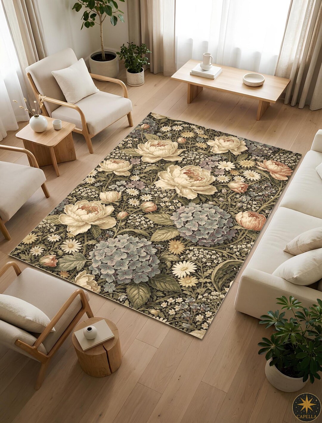 Vintage Floral Rug, Carpet, Cottagecore Peony Daisy, Botanical Garden ...