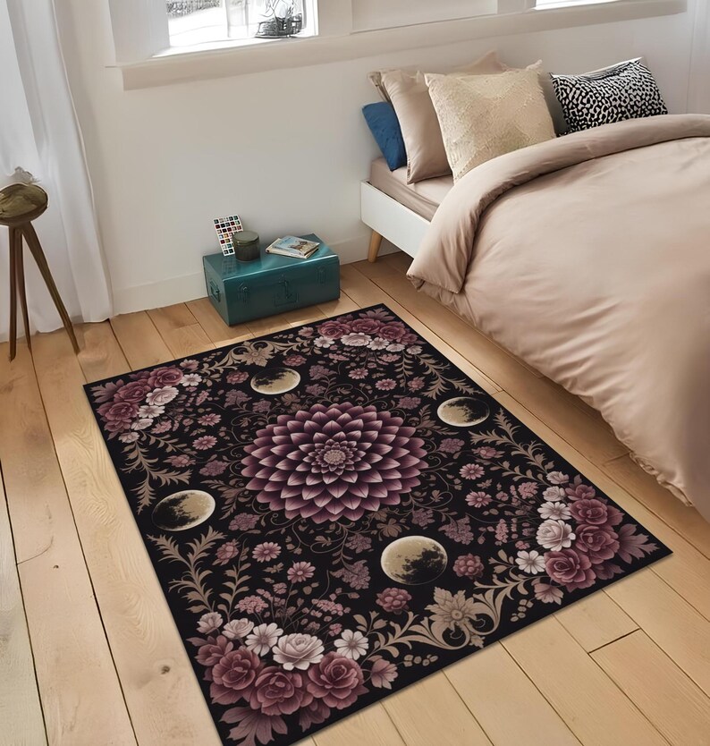 Gothic Floral Moon Phase Rug, Witch Style Boho Celestial Dark Academy ...