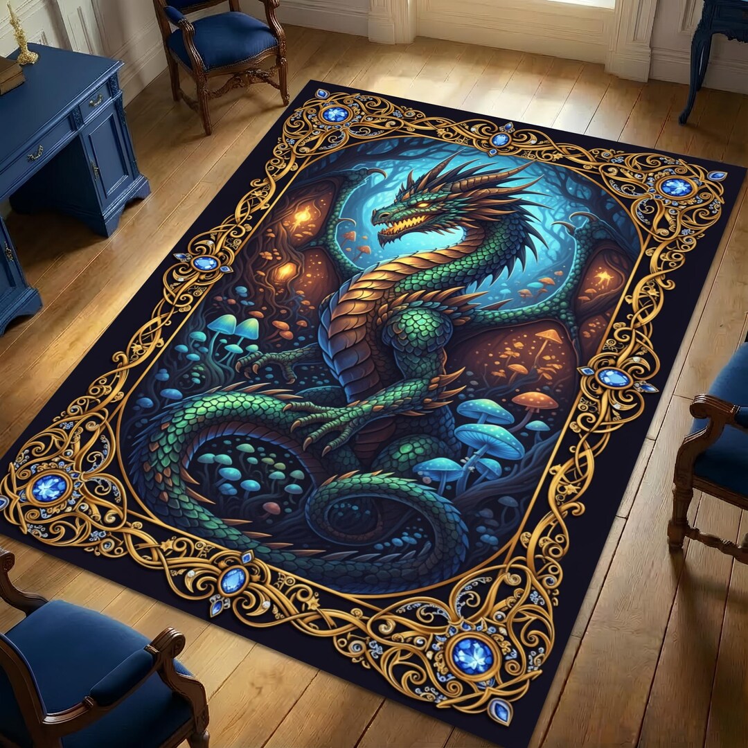 Gothic Dragon Rug, Fantasy Forest Carpet, Dark Mystic Art, Living Room ...