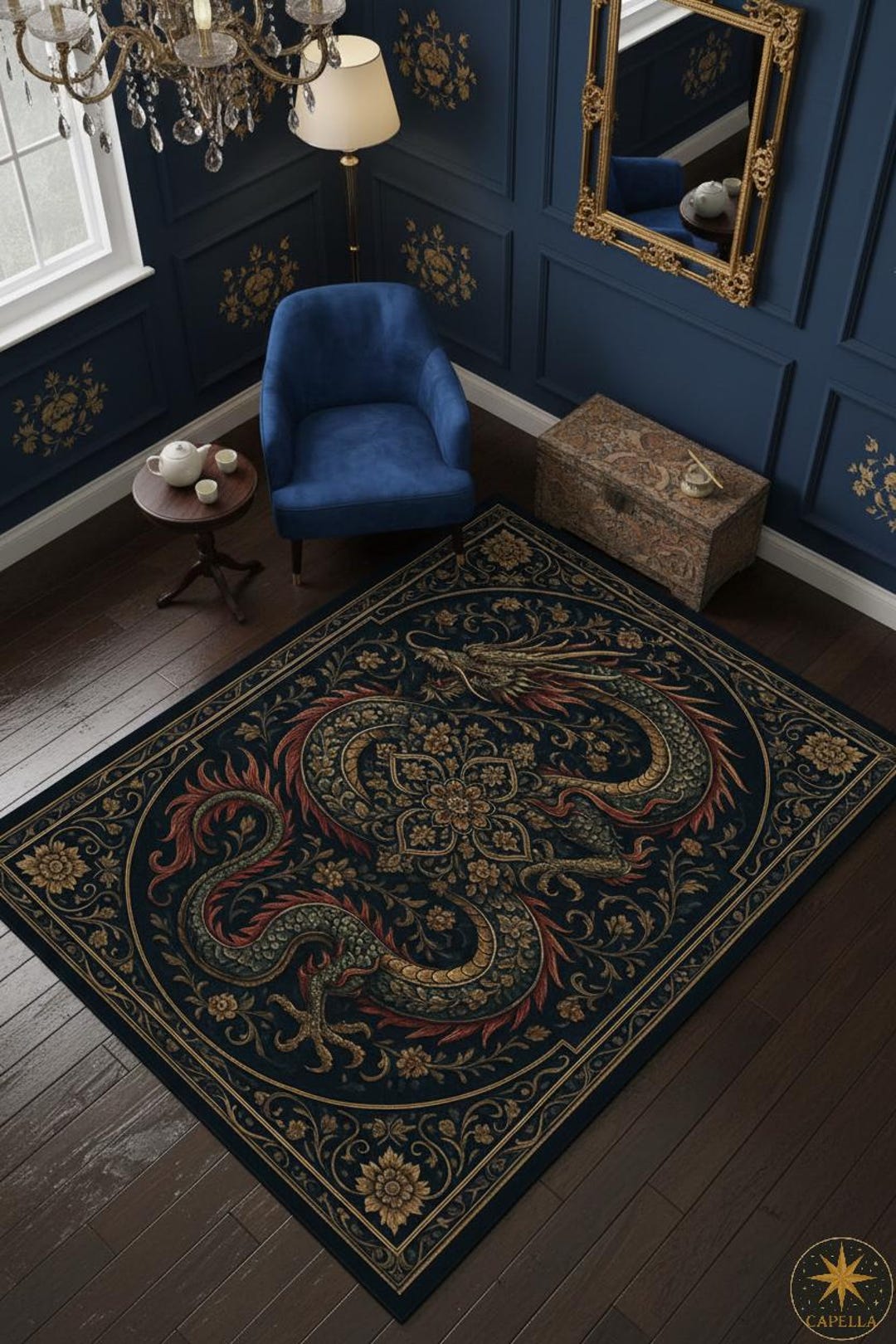 Gothic Oriental Dragon Rug, Dark Vintage Asian Floral Carpet, Mythical ...
