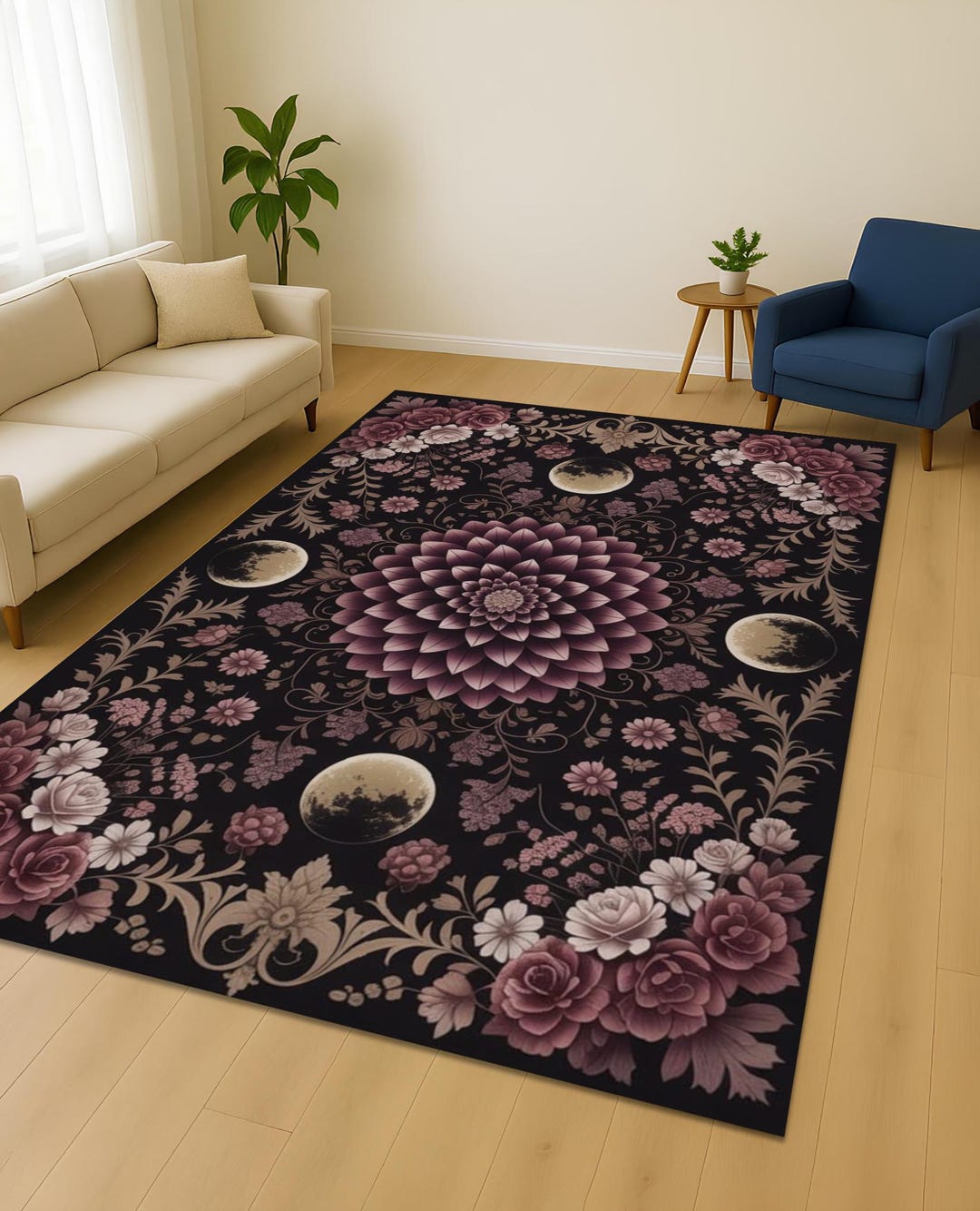 Gothic Floral Moon Phase Rug, Witch Style Boho Celestial Dark Academy ...