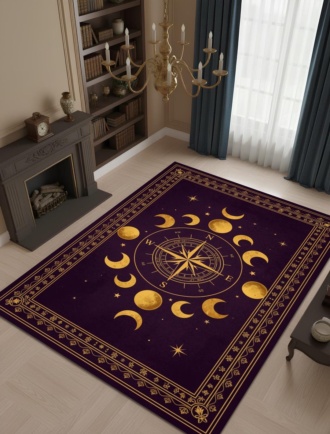 Celestial Moon Phase Rug, Astrology Compass Design, Living Room Rug ...