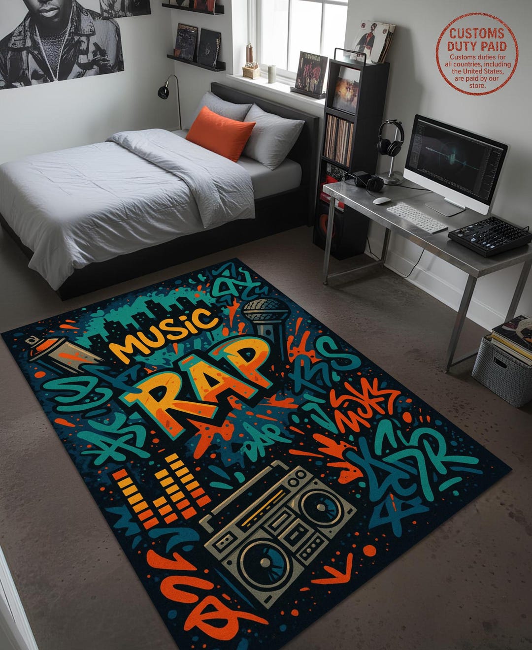 Graffiti Rap Music Rug – Hip Hop Style Teen Room Decor – Street Art ...