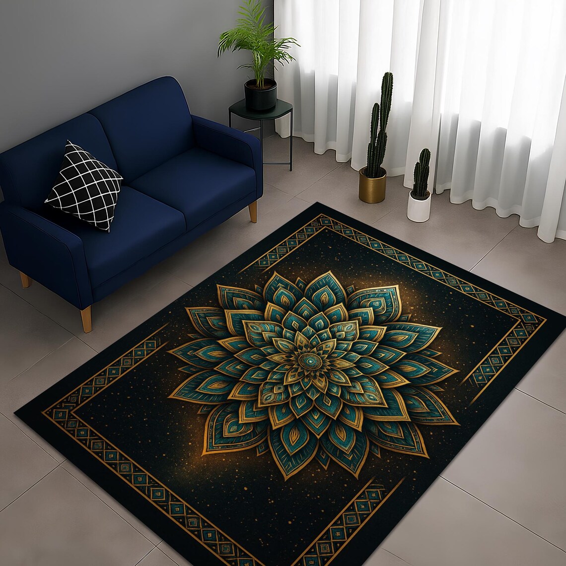 Teal Mandala Pattern Rug – Modern Geometric Art Design - Digital Non ...
