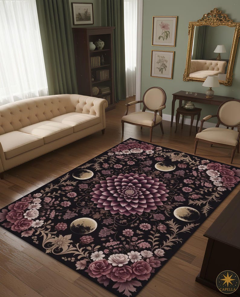 Gothic Floral Moon Phase Rug, Witch Style Boho Celestial Dark Academy ...