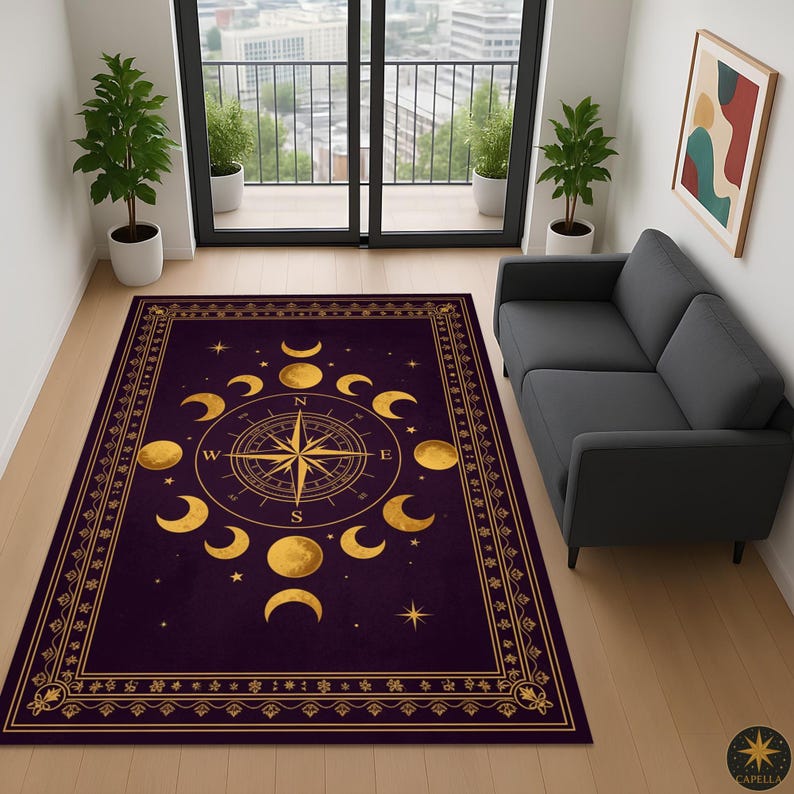 Celestial Moon Phase Rug, Astrology Compass Design, Living Room Rug ...