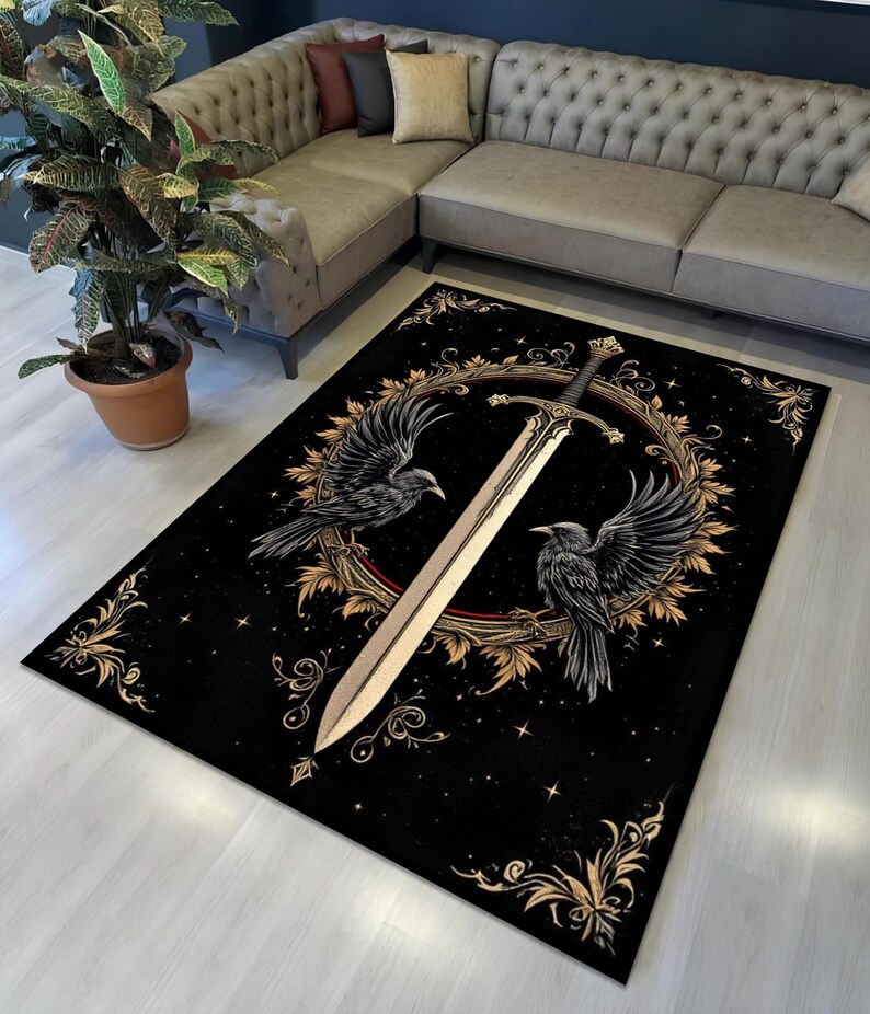 Gothic Raven Rug, Dark Medieval Sword Carpet, Celestial Black Fantasy ...