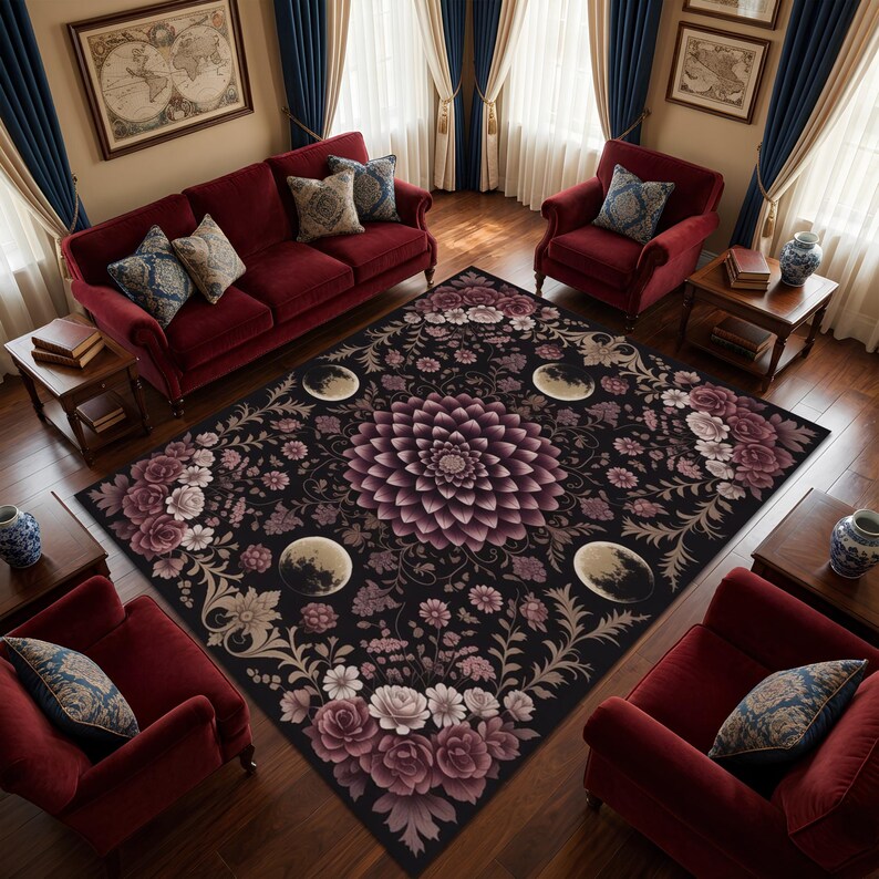 Gothic Floral Moon Phase Rug, Witch Style Boho Celestial Dark Academy ...
