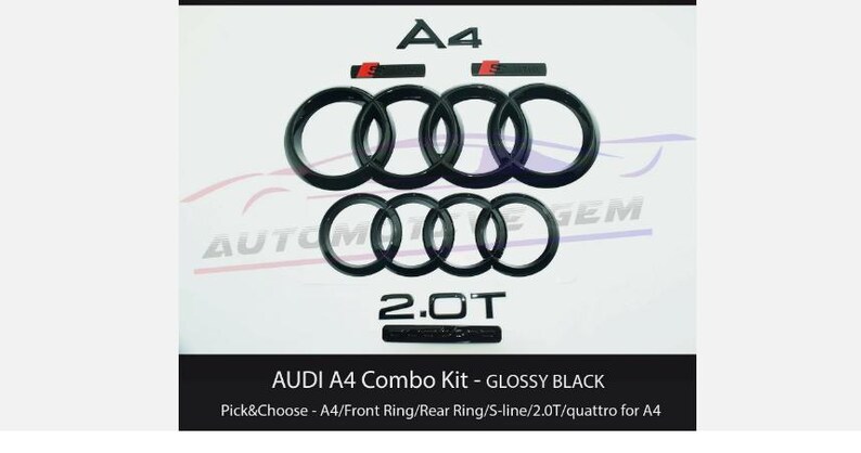 AUDI A4 Emblem GLOSS BLACK Grille Trunk Ring Quattro 2.0T S Line Kit ...