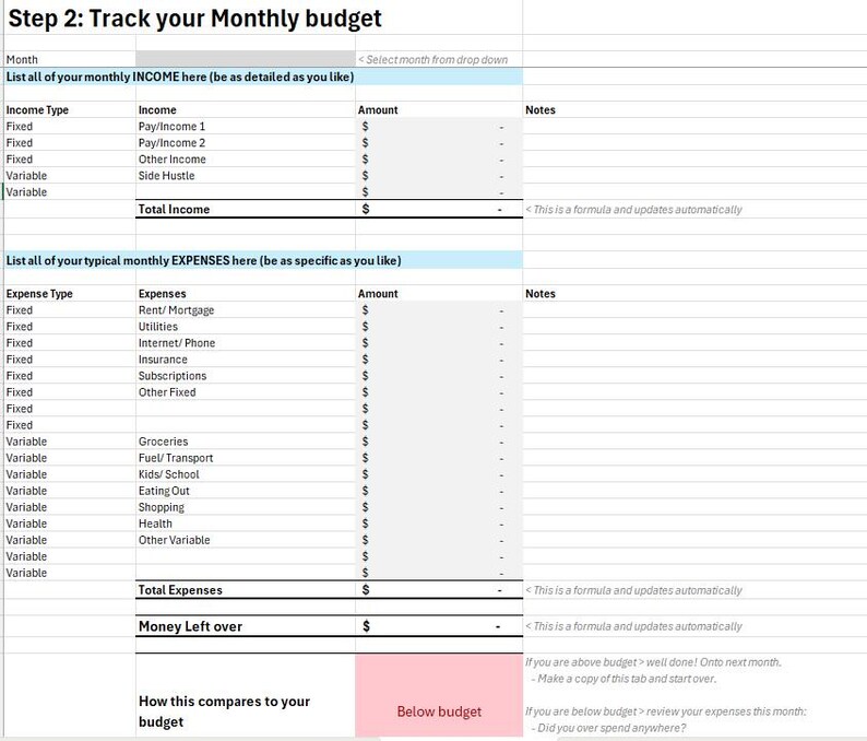 2 Step Budget Tracker – Simple Monthly Budget Spreadsheet for Beginners ...