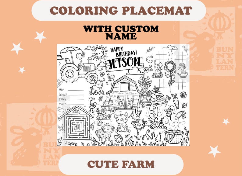 Farm Birthday Coloring Placemat, Custom Party Game for Kids ...