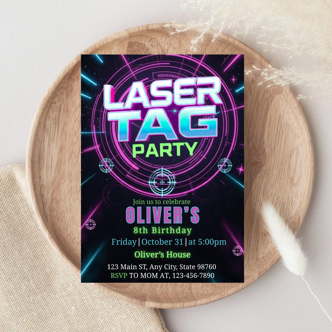 Laser Tag Birthday Invitation, Glow Laser Tag Birthday, Neon Laser Tag ...