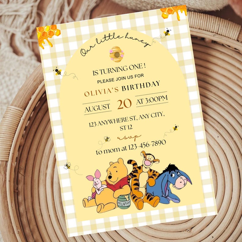 Editable Winnie the Pooh Birthday Invitation, Classic Winnie the Pooh Evite Birthday Party, One ...