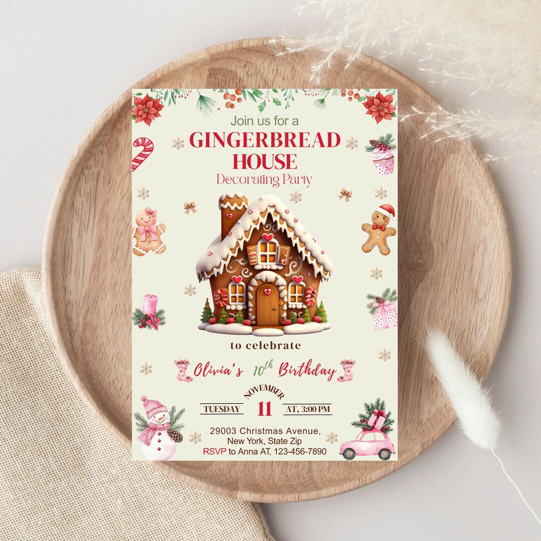 Editable Gingerbread House Decorating Birthday Invitation, Christmas ...