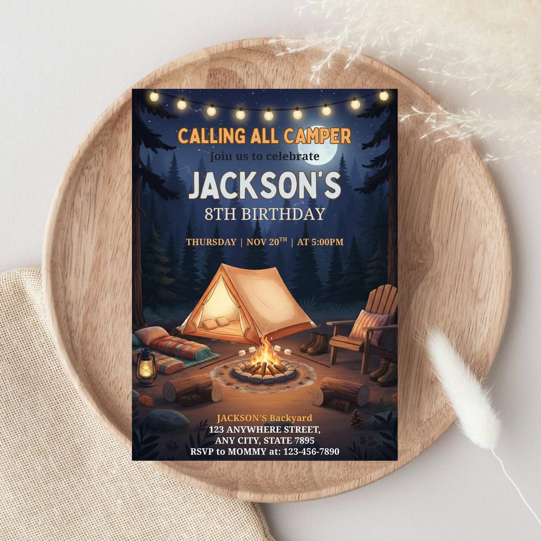 Editable Camping Birthday Invitation, Kids Camping Birthday Invitation ...