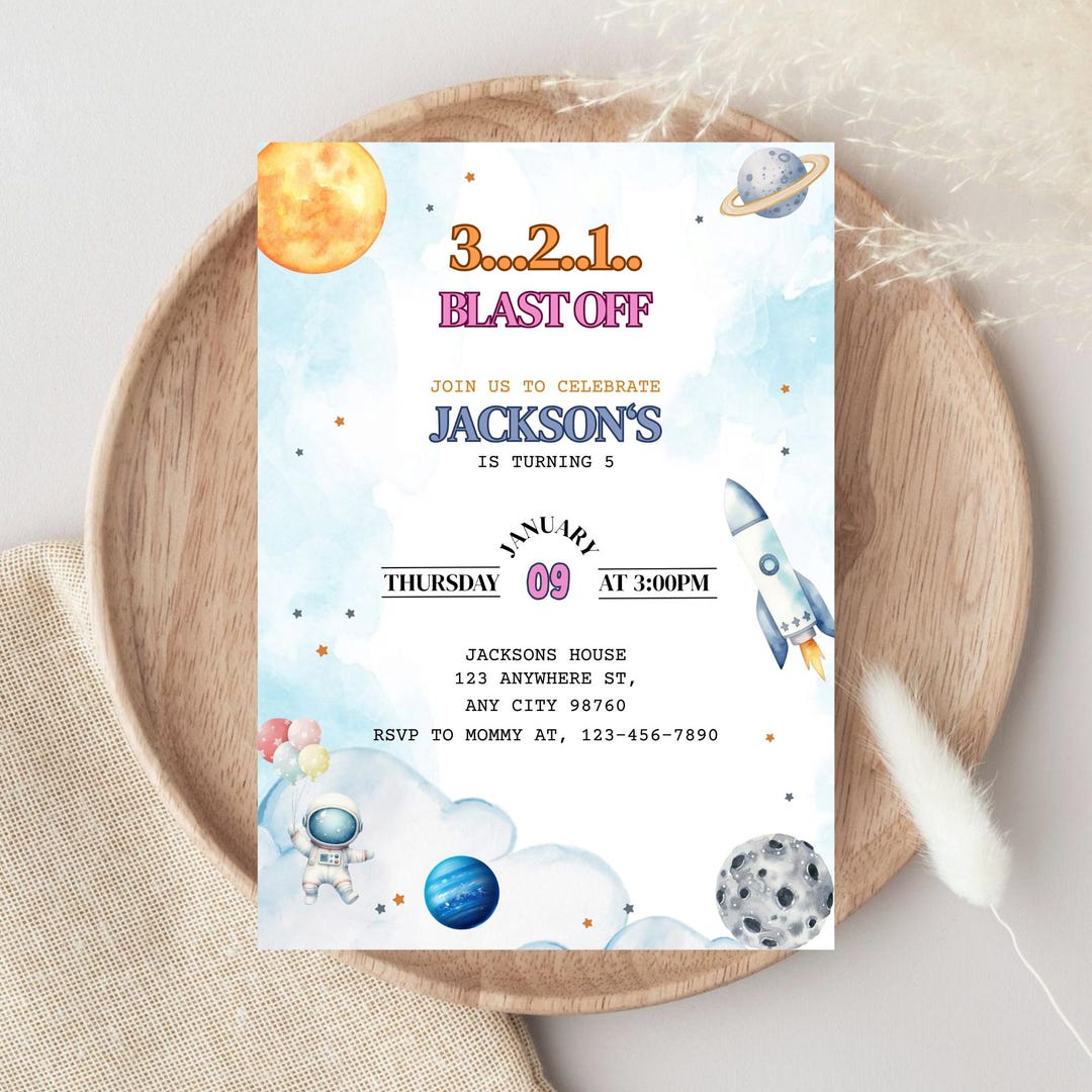 Editable Space Birthday Party Invitation, Space Rocket Planets Boy Girl ...