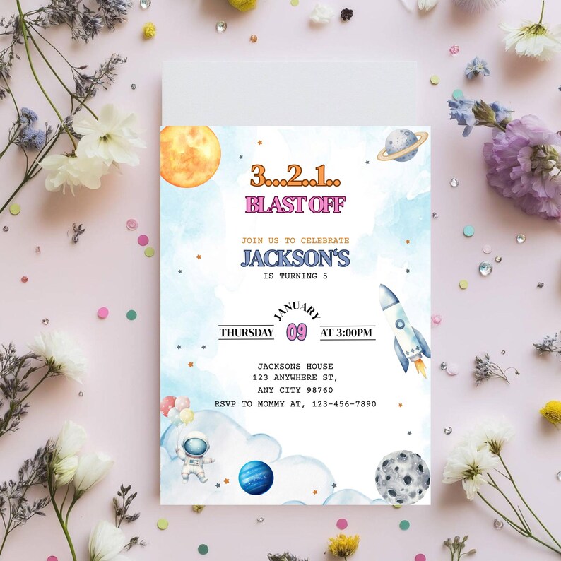Editable Space Birthday Party Invitation, Space Rocket Planets Boy Girl ...