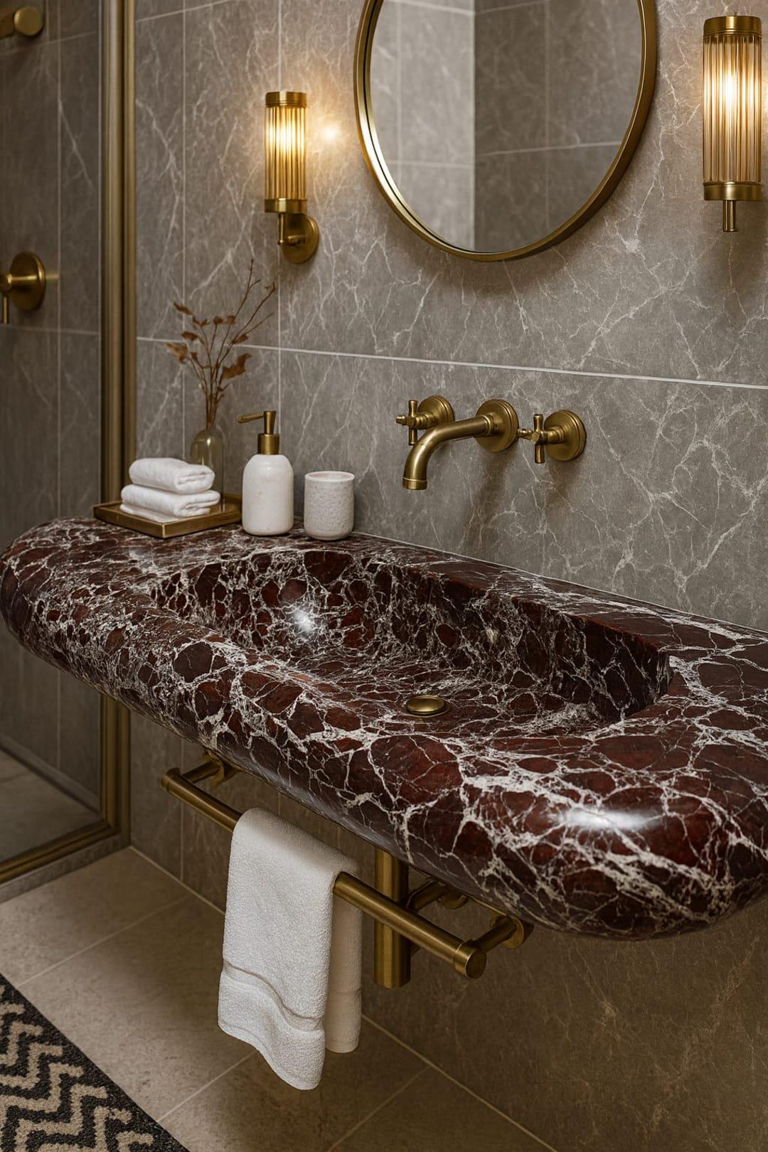 Hand Carved Rosso Levanto Marble Sink - Custom Wall Mount Bathroom ...