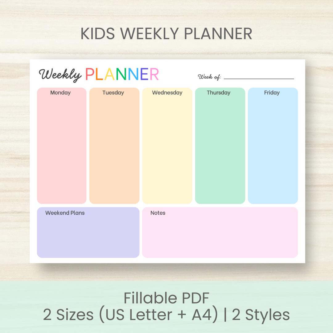 Rainbow Weekly Planner Printable for Kids - Organize Schedule, Homework ...