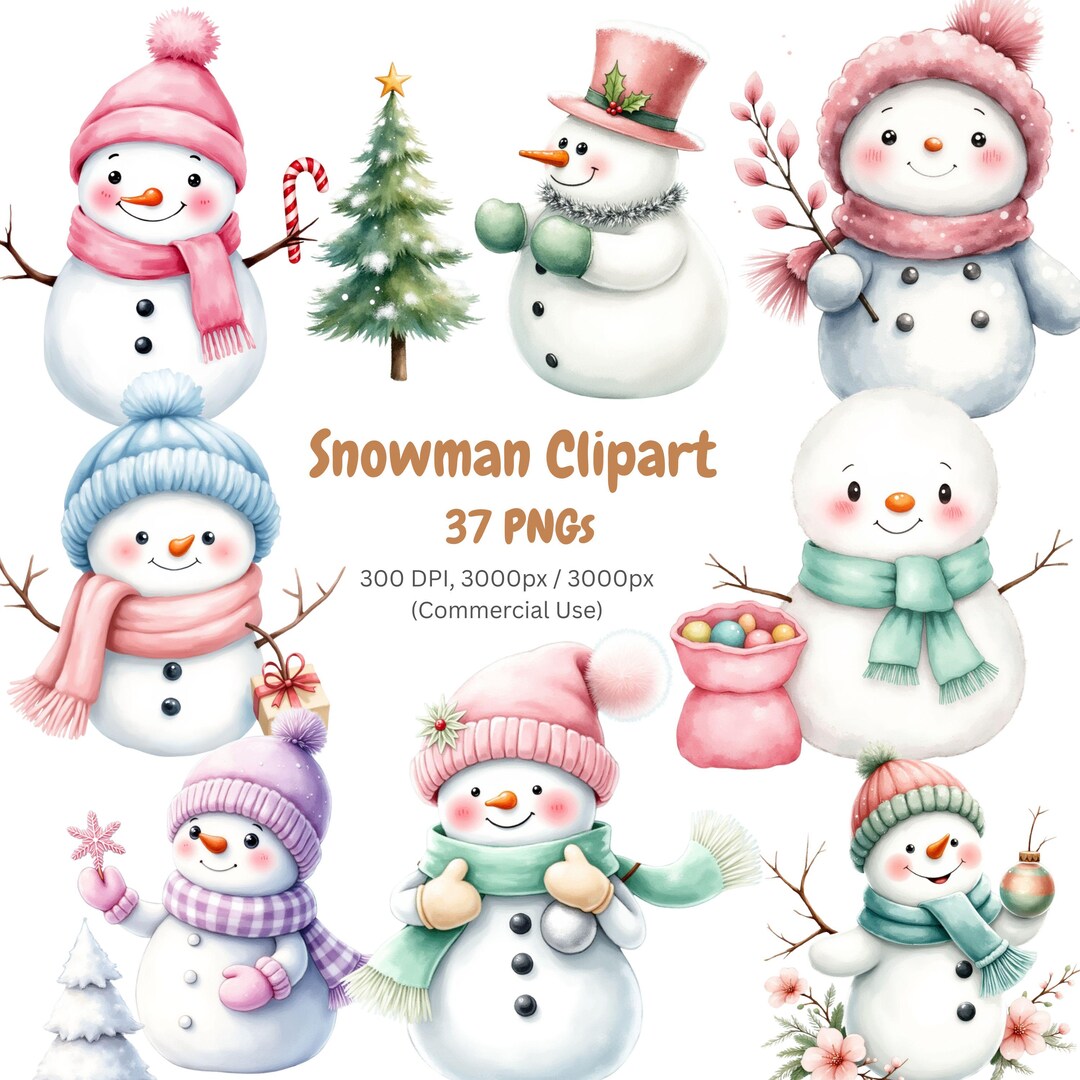 Watercolor Snowman Clipart PNG Bundle : Cute Snowman Digital Art ...