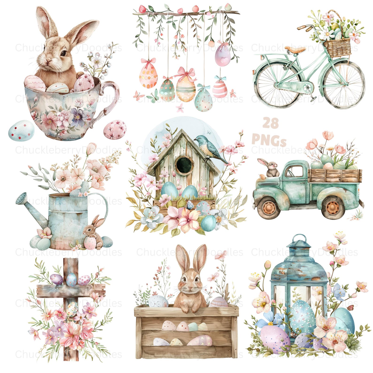 Easter Clipart Bundle - Watercolor Pastel Bunny PNG & Spring Floral ...