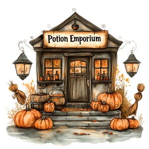 Watercolor Haunted Shop Clipart Set: Eerie Halloween Store PNG (digital ...