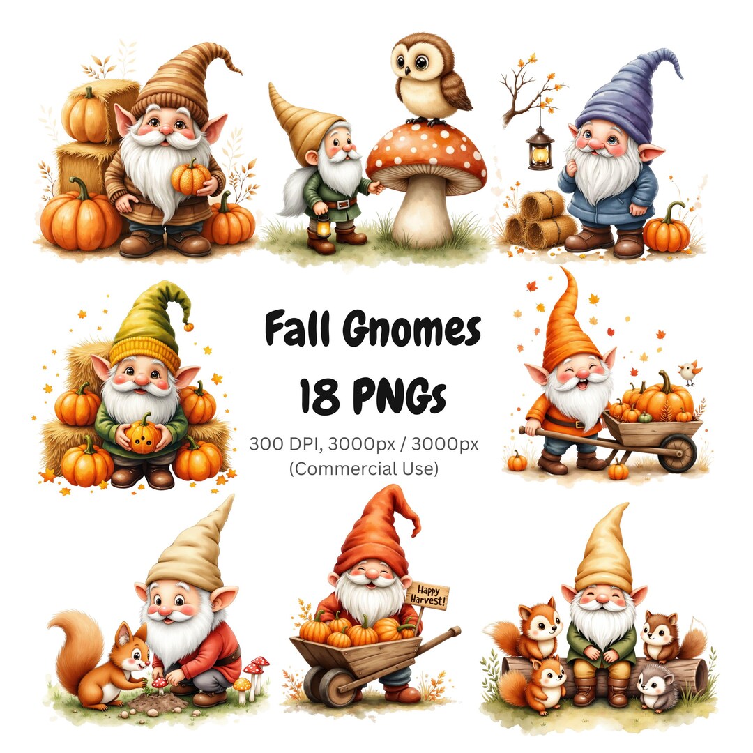 Fall Gnomes Clipart : Autumn PNG Set, Watercolor Pumpkin Graphics ...