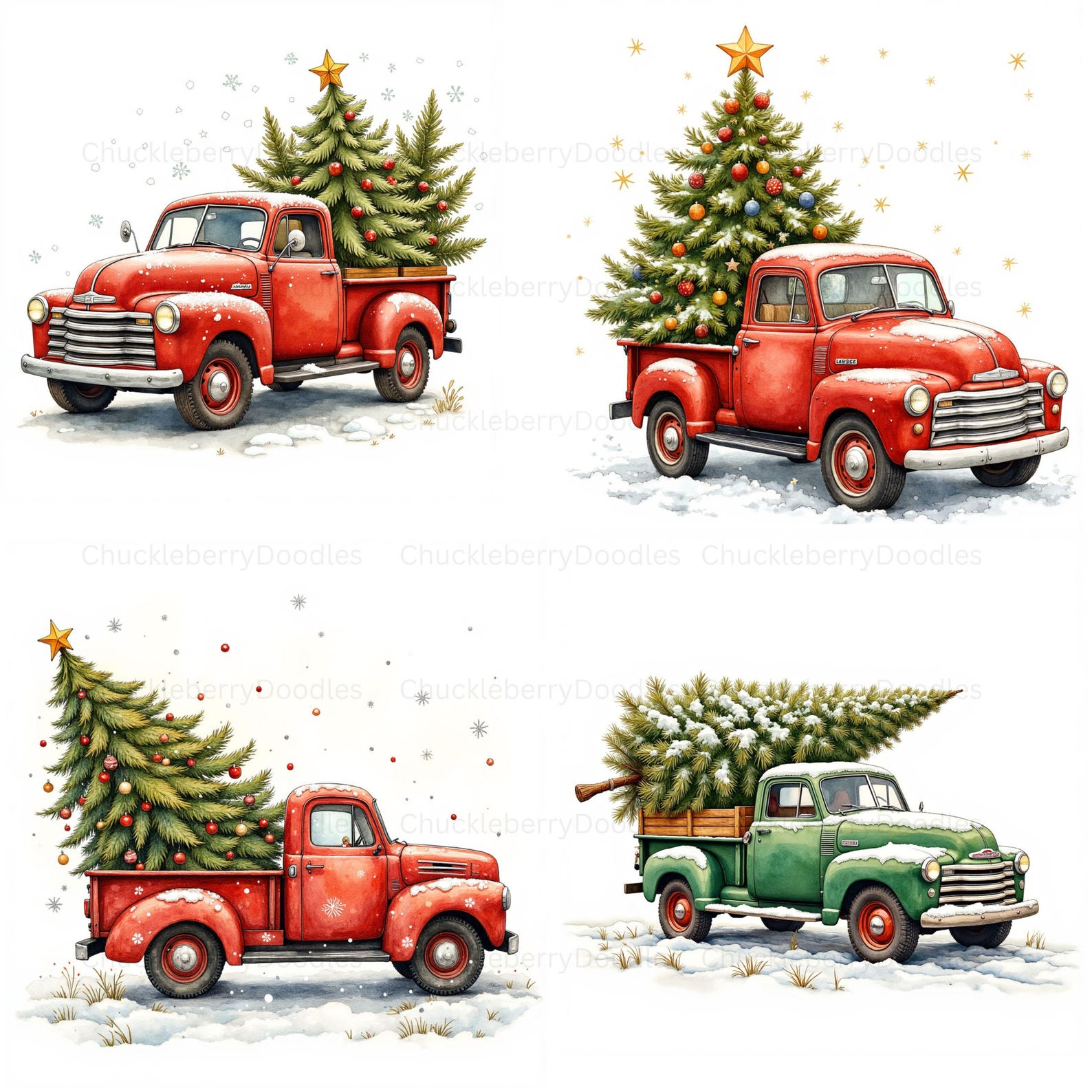 Watercolor Christmas Truck Clipart – Vintage Holiday Art (commercial ...