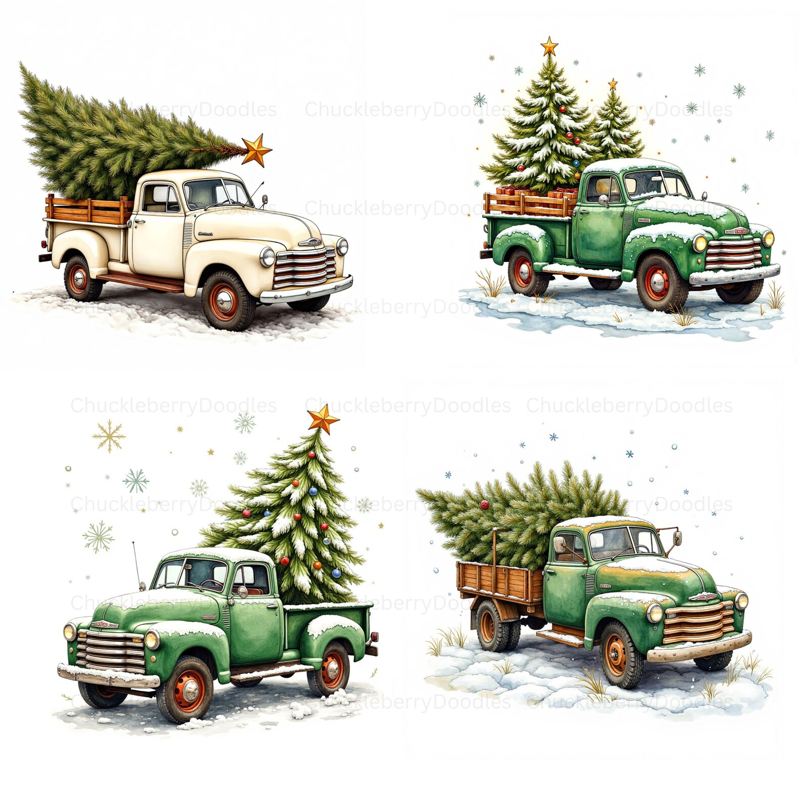 Watercolor Christmas Truck Clipart – Vintage Holiday Art (commercial ...