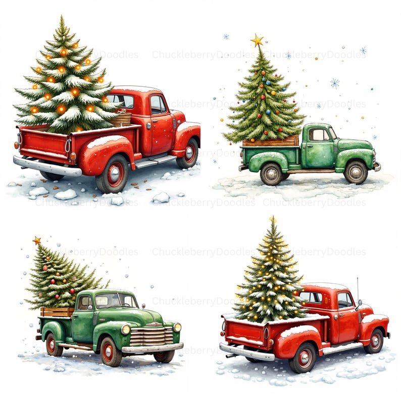 Watercolor Christmas Truck Clipart – Vintage Holiday Art (commercial ...