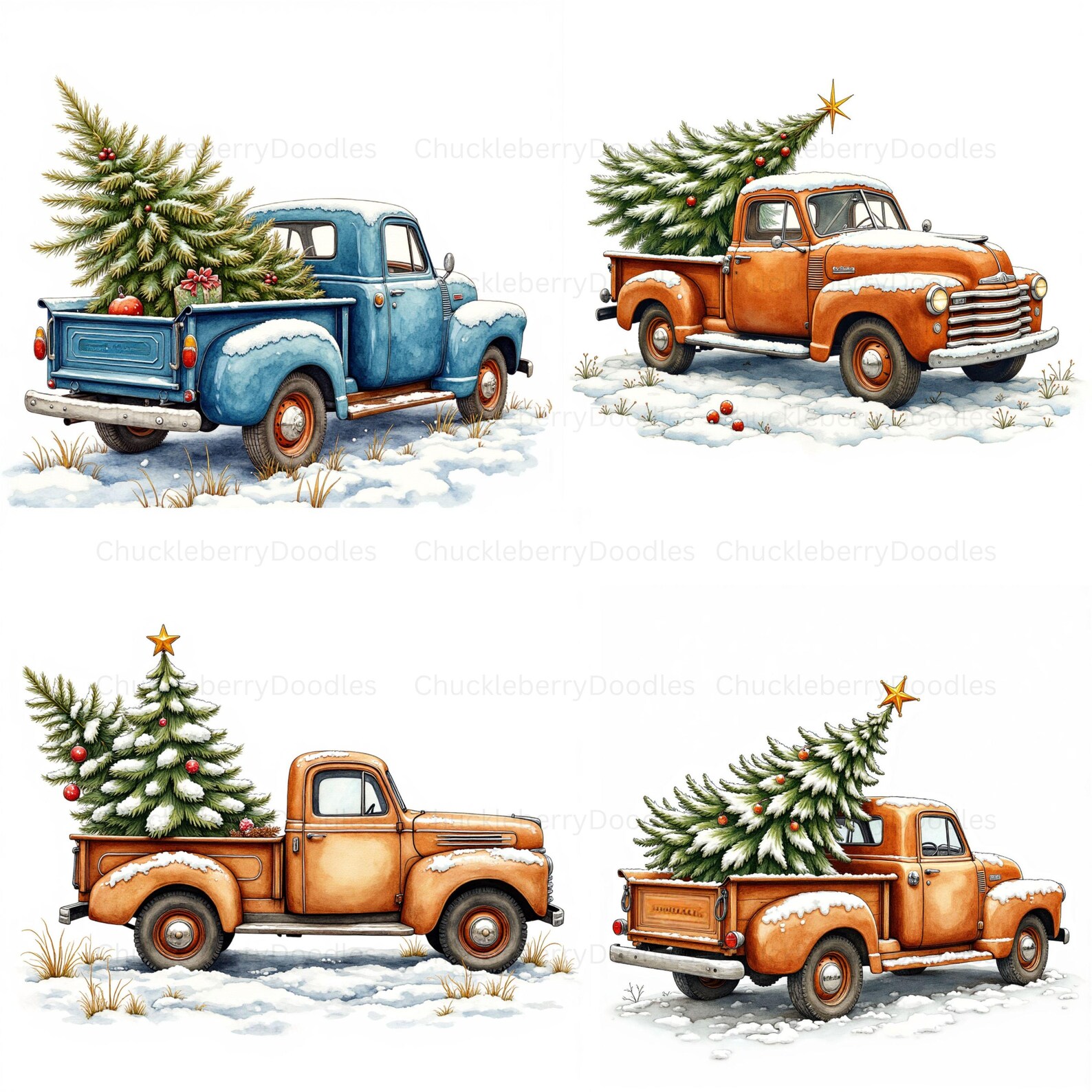 Watercolor Christmas Truck Clipart – Vintage Holiday Art (commercial ...