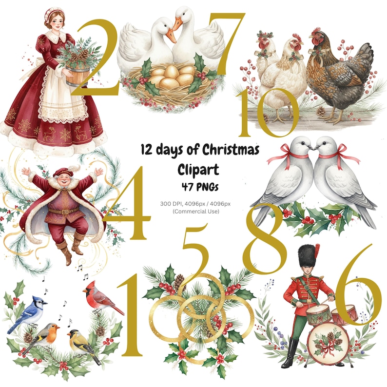 12 Days of Christmas Clipart Bundle - Vintage Watercolor Printables ...