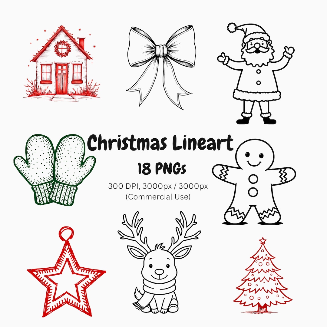 Christmas Line Art Clipart PNG : Minimalist Holiday Graphics - Black ...
