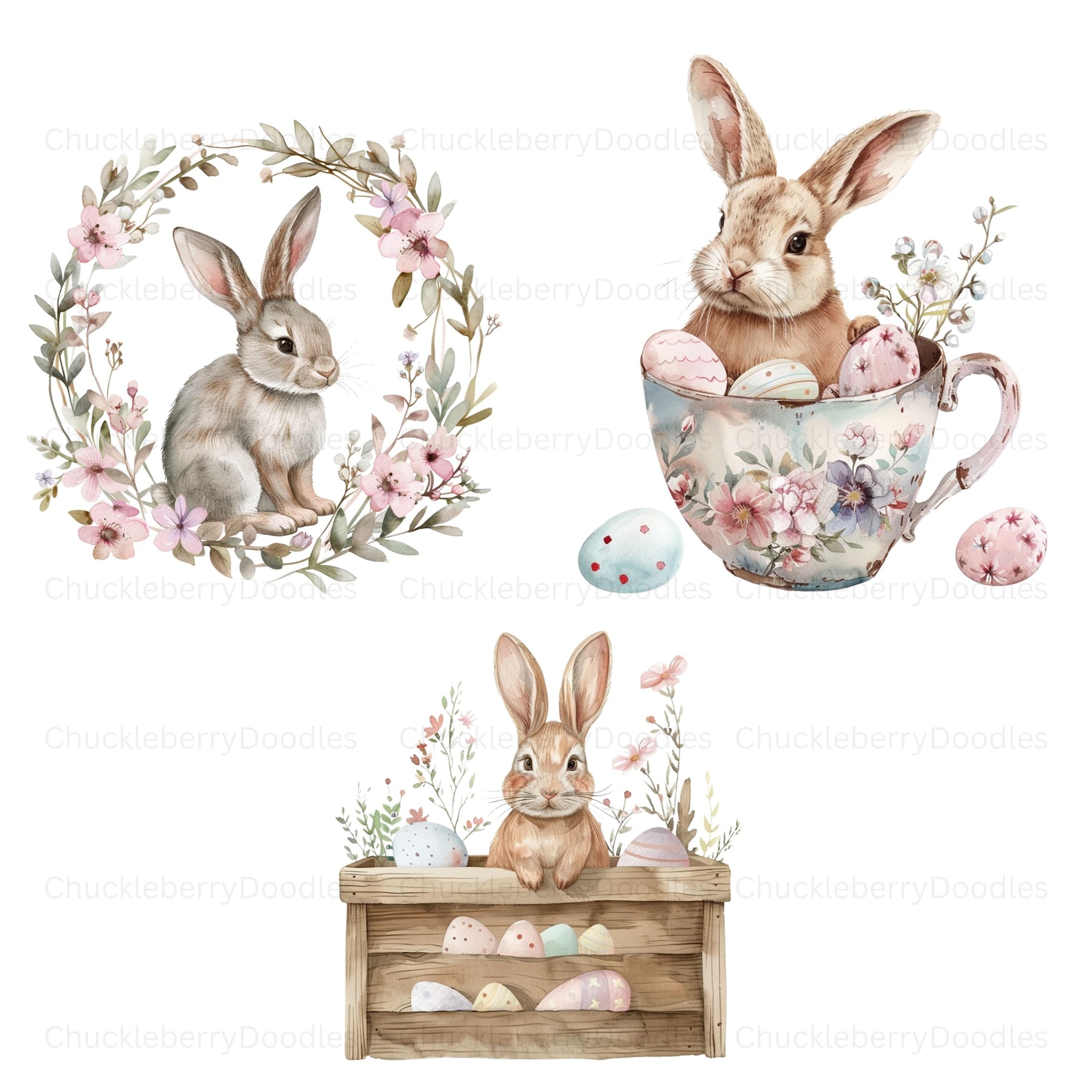 Easter Clipart Bundle - Watercolor Pastel Bunny PNG & Spring Floral ...