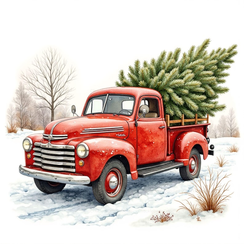 Watercolor Christmas Truck Clipart – Vintage Holiday Art (commercial ...